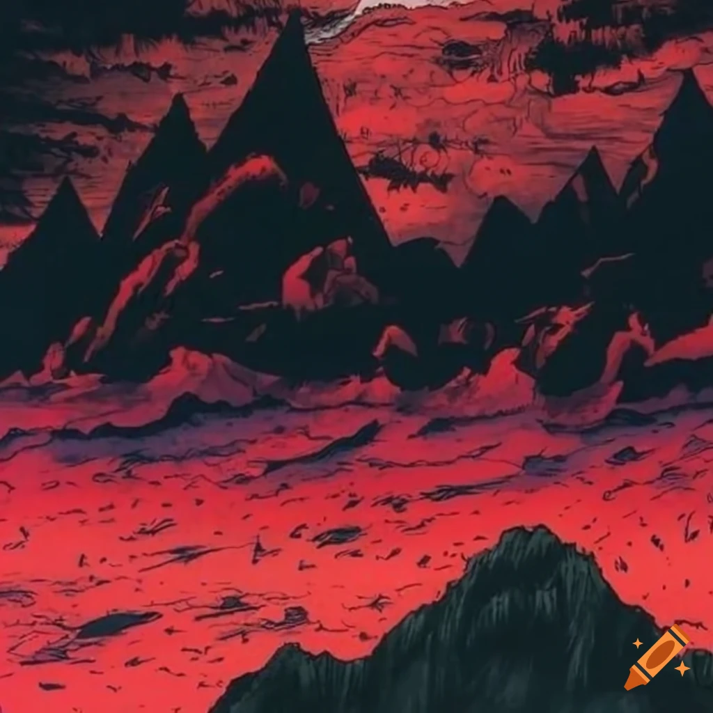 Gritty manga cover with red mountains and stormy sky on Craiyon