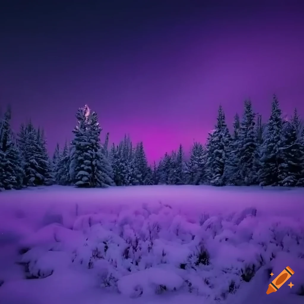 Snow-covered trees in a purple winter night on Craiyon
