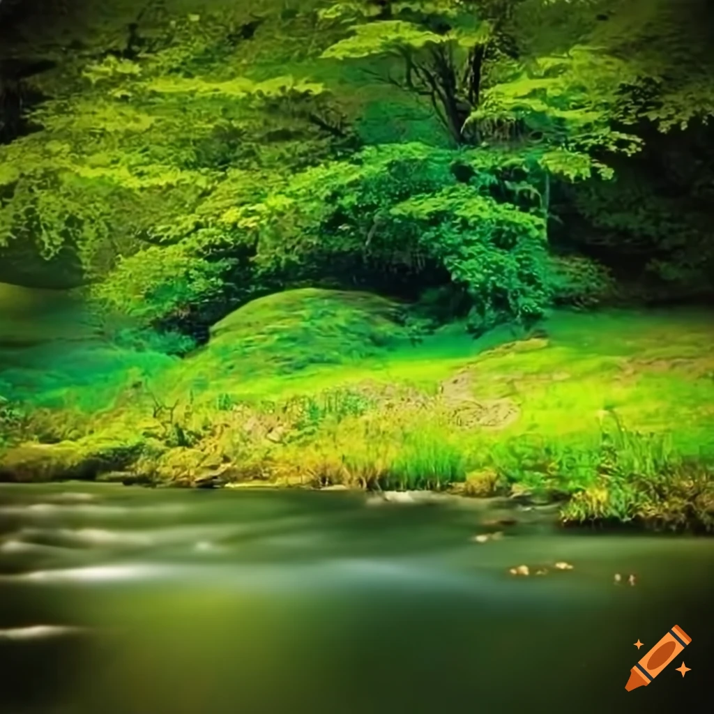 Peaceful stream flowing through a green meadow on Craiyon