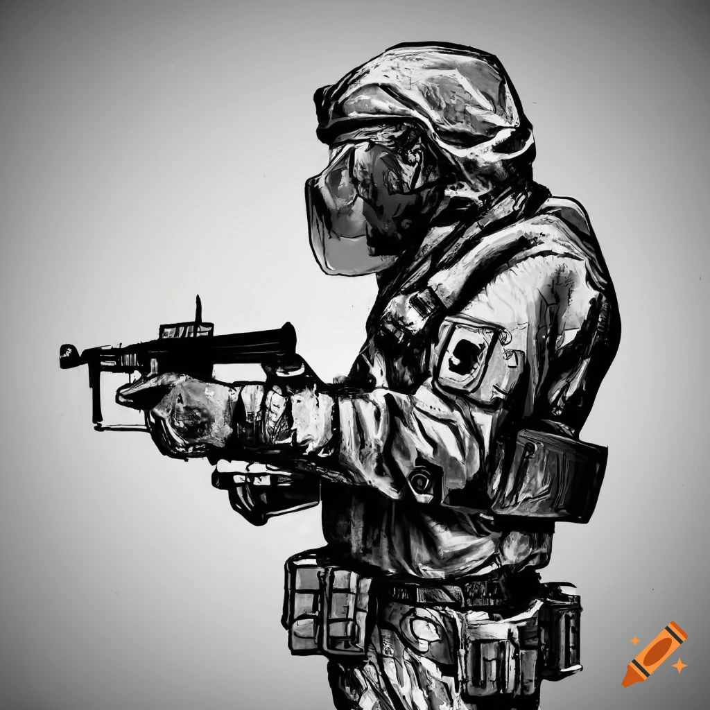 Black and white graffiti stencil of a soldier in hazmat suit with ...