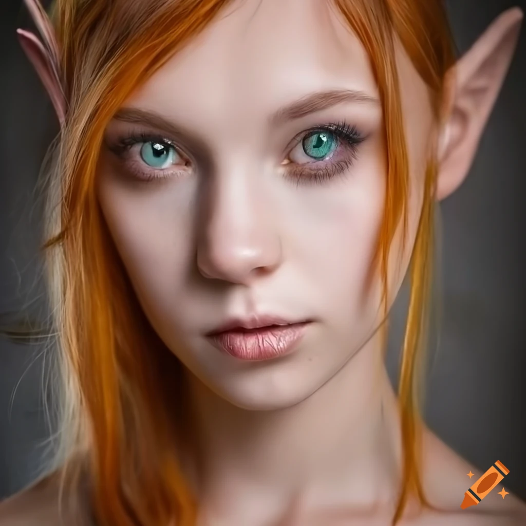 Portrait of a young female wood elf with honey colored hair and emerald ...