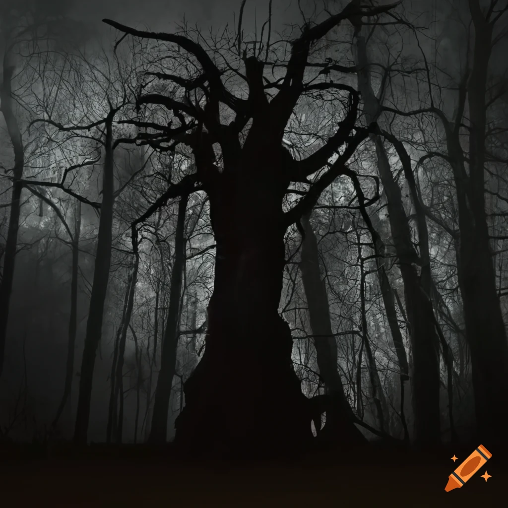 Spooky tree with a carved scarecrow face on Craiyon