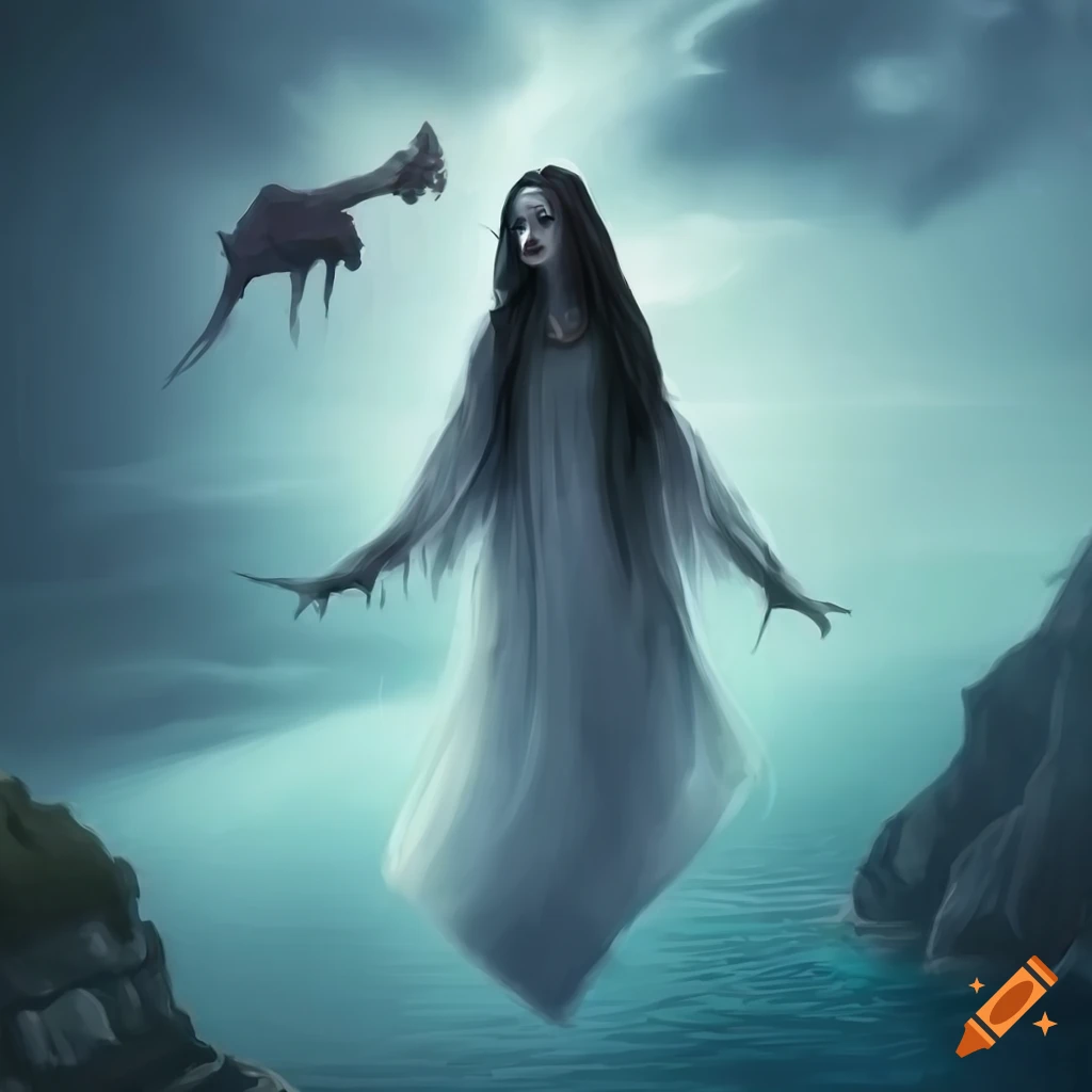 Fantasy artwork of a floating young woman over a sea cliff on Craiyon