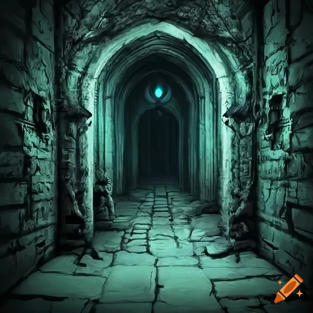 Digital art of a torchlit dungeon hallway on Craiyon