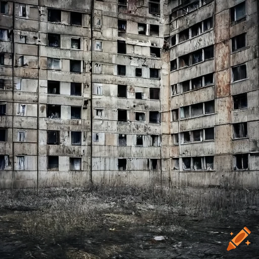 Photo of abandoned Soviet-style concrete apartment buildings on Craiyon