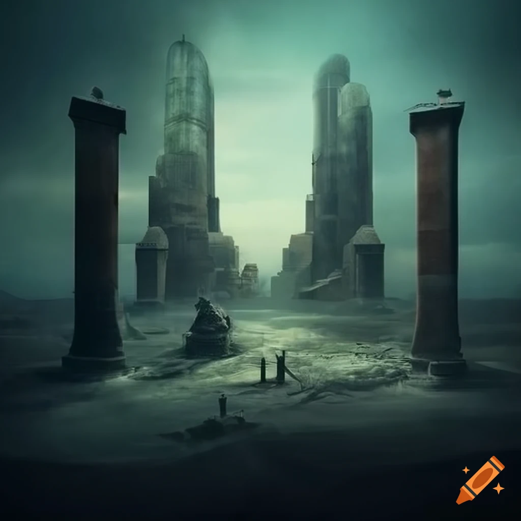 Surreal architectural ruins in a desolate landscape on Craiyon