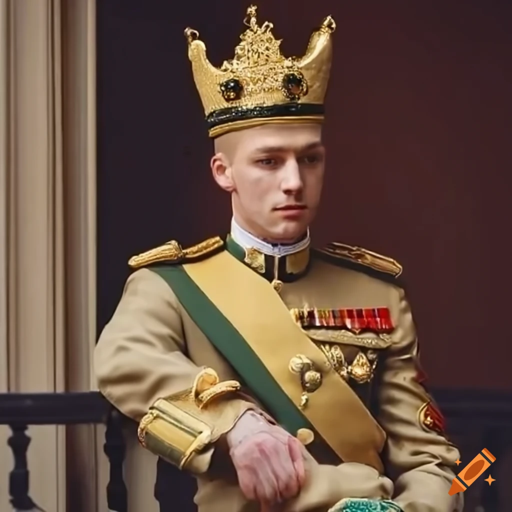 Portrait of a man wearing a crown and golden military clothing on Craiyon