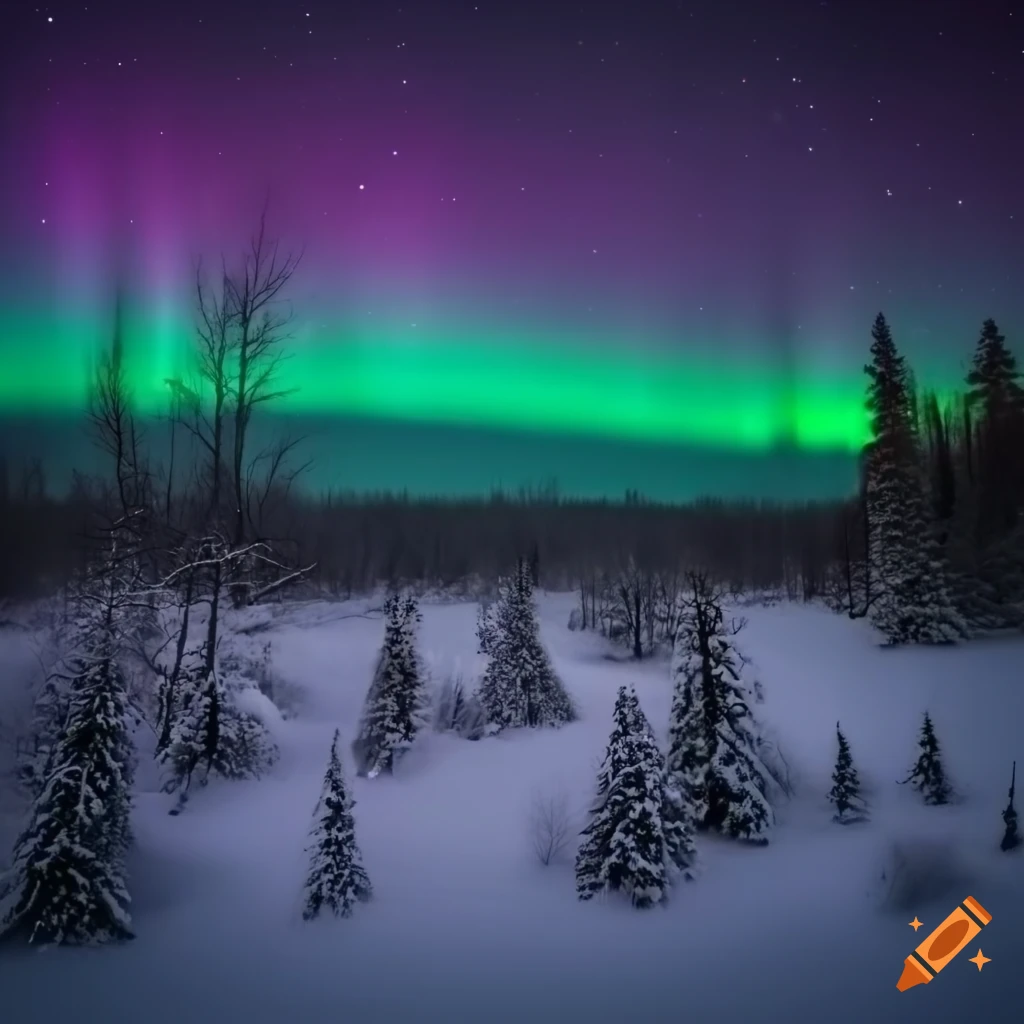 Beautiful night in a dark winter forest with full moon and northern ...