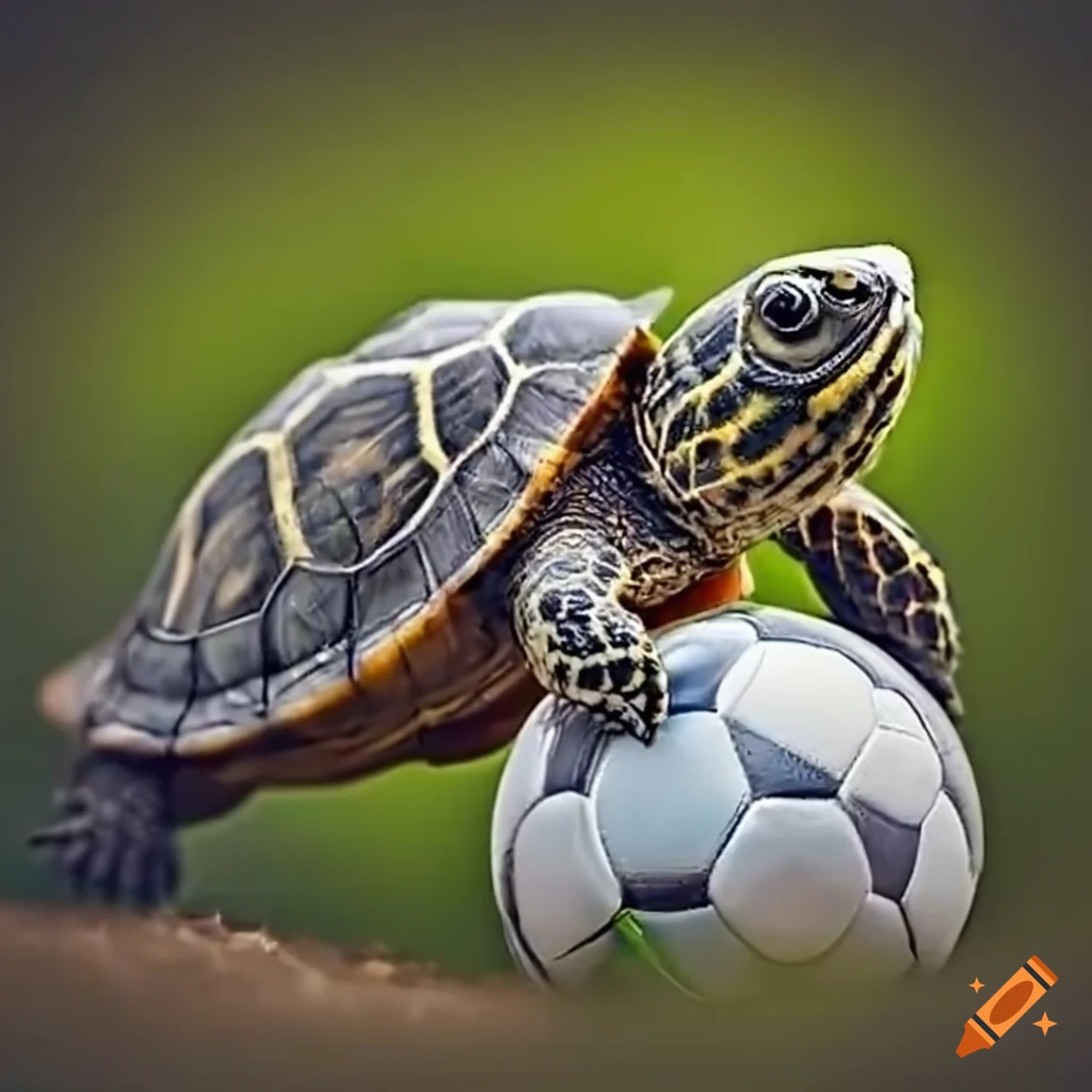 Baby turtle playing with a soccer ball on Craiyon
