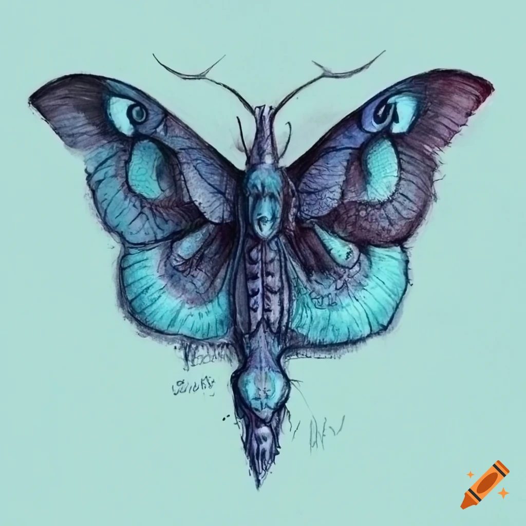 Sketch of a blue fantastical moth creature on Craiyon
