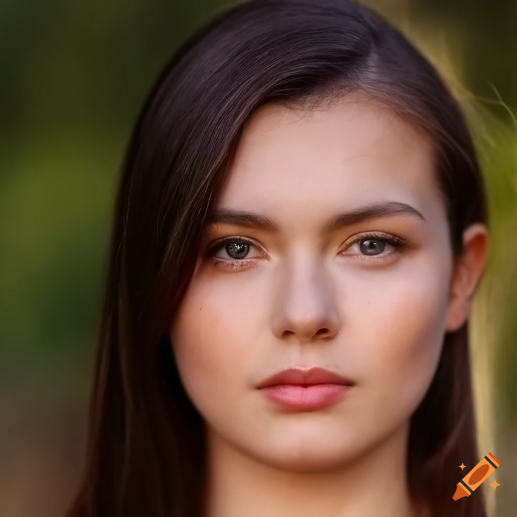 Close-up of a young woman's symmetrical face on Craiyon