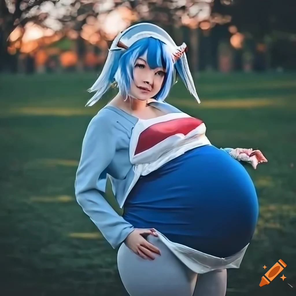 Cosplay of pregnant character wearing blue leggings and sneakers on Craiyon