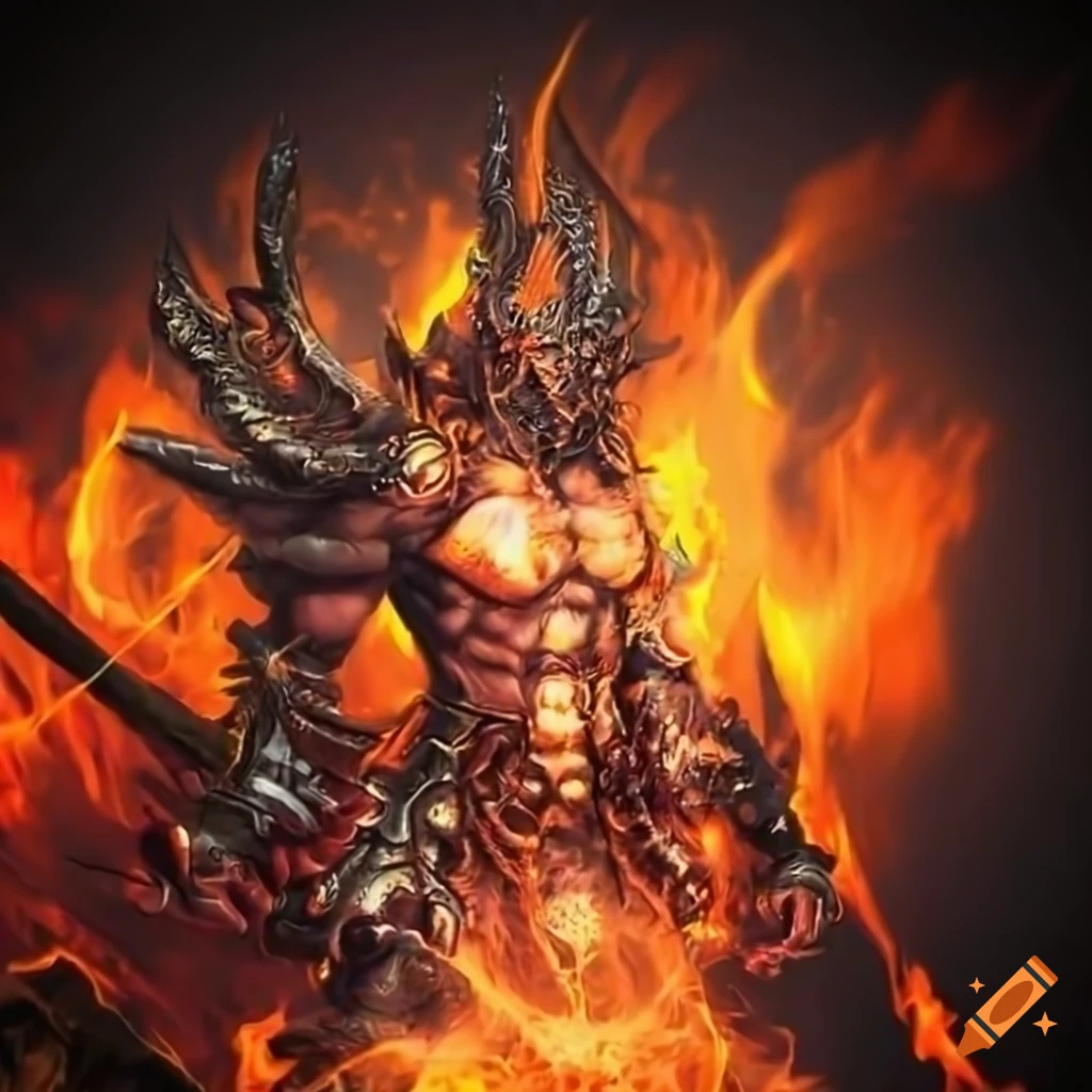 Closeup of an armored demon god in flames on Craiyon