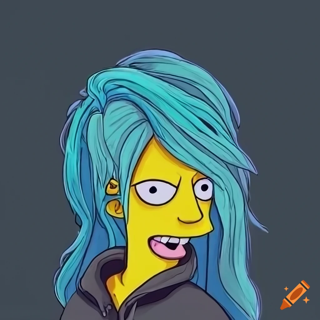 Blue-haired woman in simpsons-style hoodie