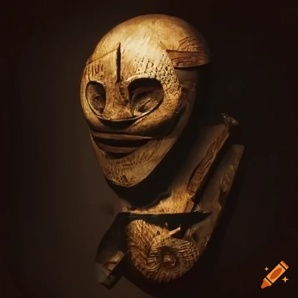 Onibaba playing a biwa instrument with a wooden mask and kanji ...