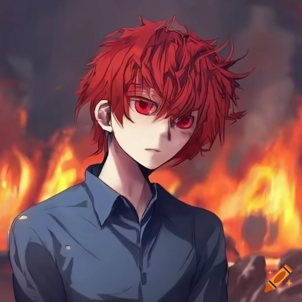 Anime character standing in a burning forest on Craiyon