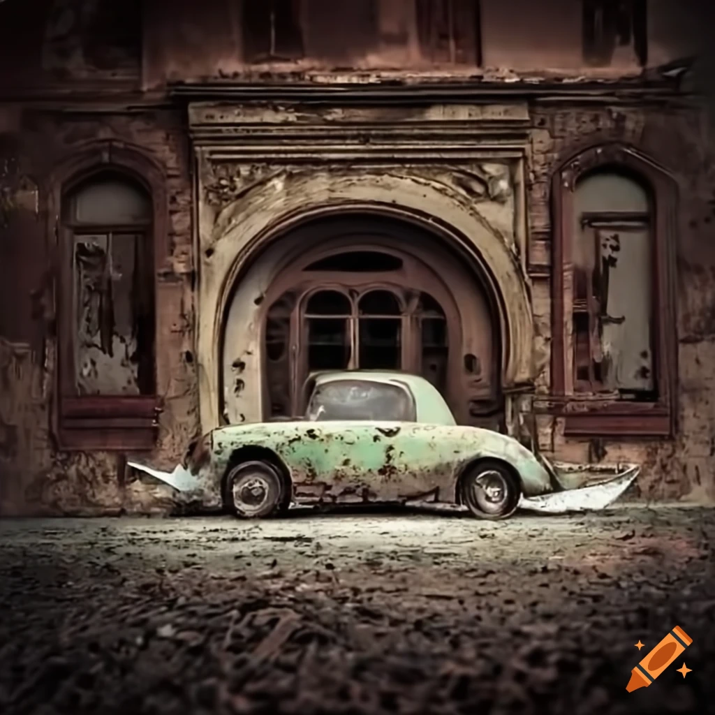 Image of a dilapidated building with an old car on Craiyon