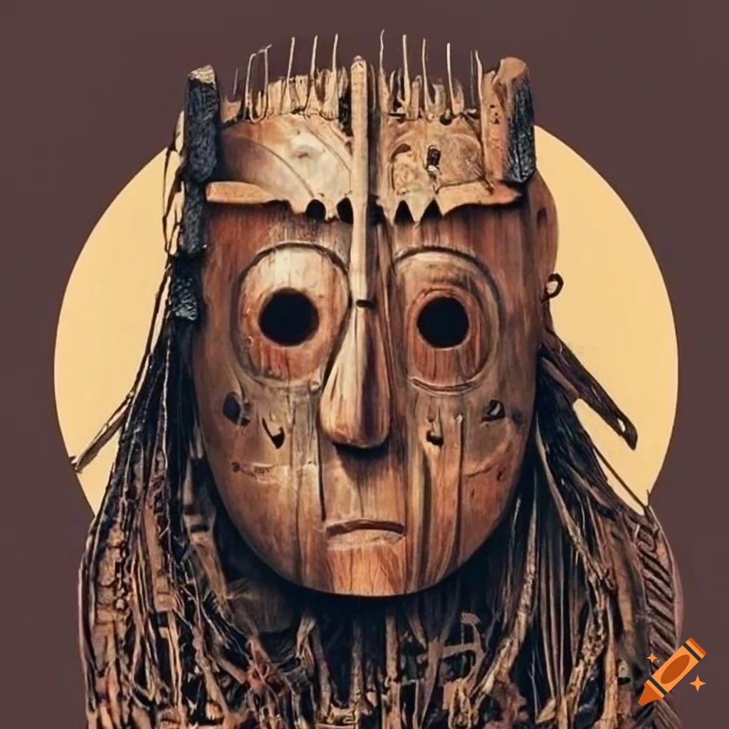 Onibaba wearing a wooden mask playing a biwa instrument with kanji ...