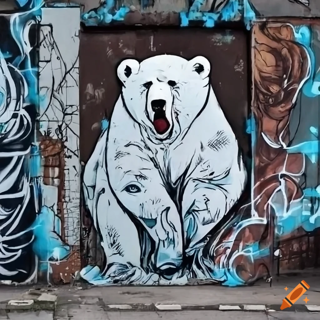 Street art graffiti of a sad polar bear in a storm on Craiyon