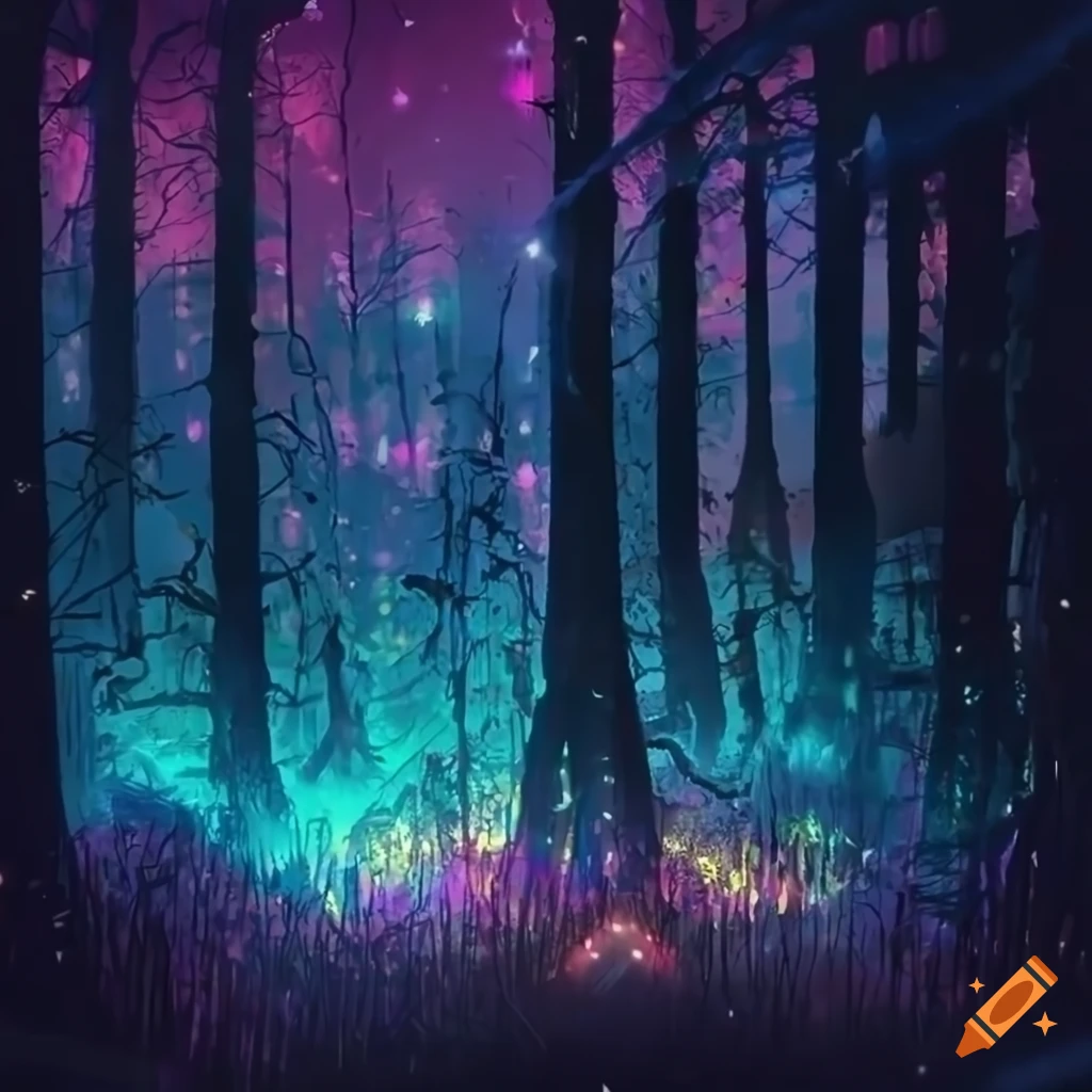 Colorful acrylic painting of a magical forest at night on Craiyon