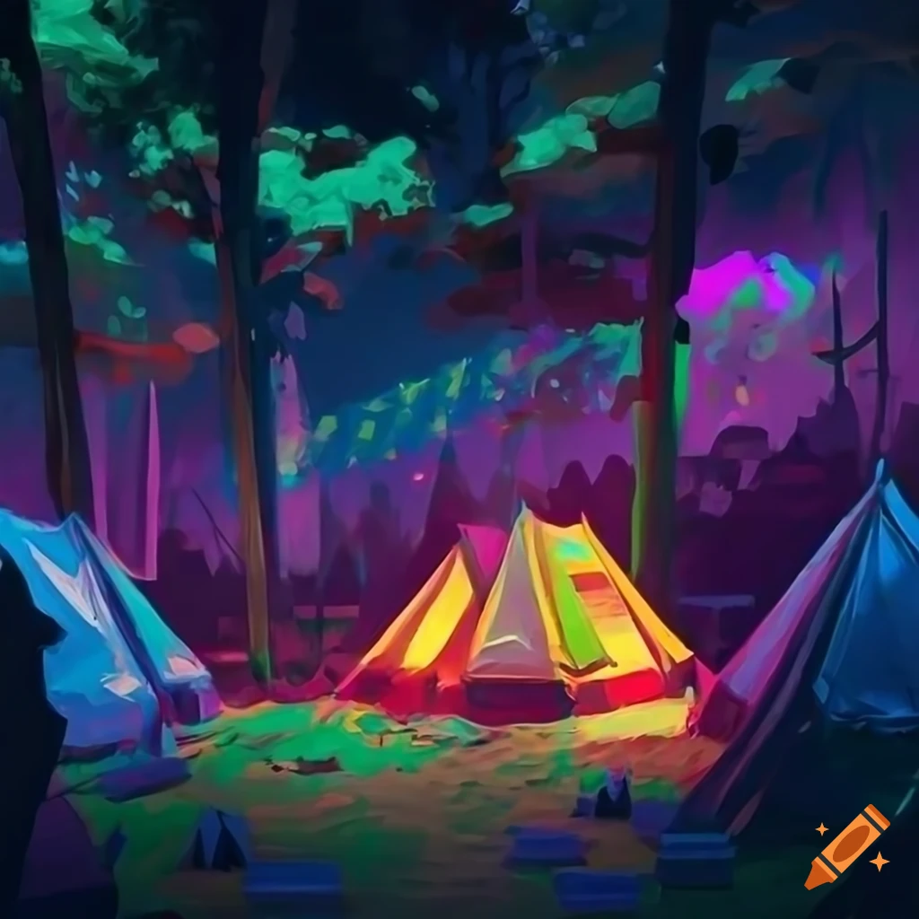Colorful festival campsite in the forest at night on Craiyon