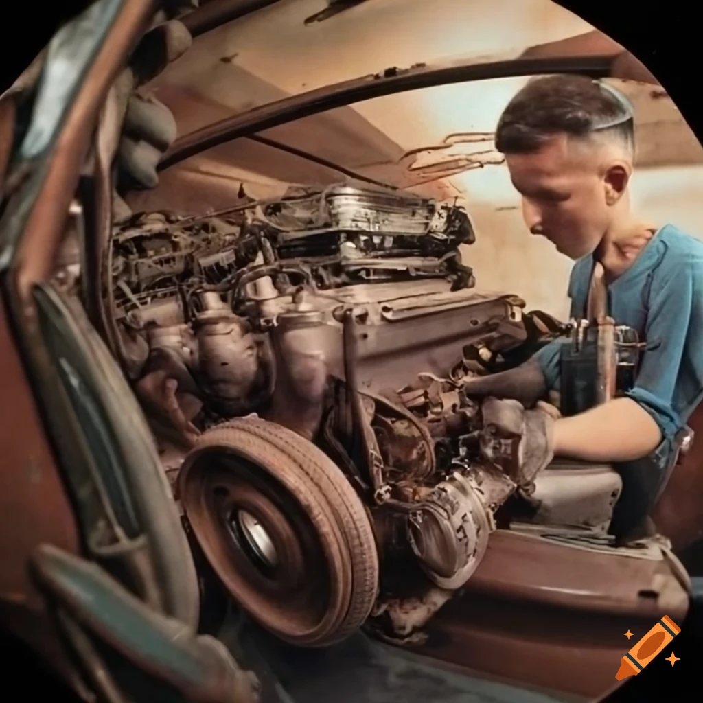 Vintage photo of mechanic replacing an engine in an auto repair shop on ...