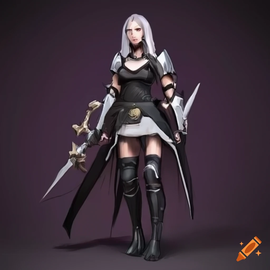 Anime art of a female goth paladin in action pose