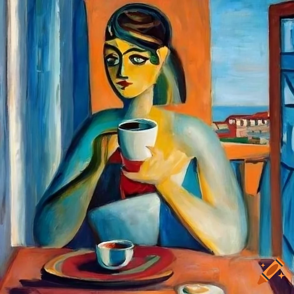 Cubist painting of a woman with a coffee on a balcony overlooking a ...