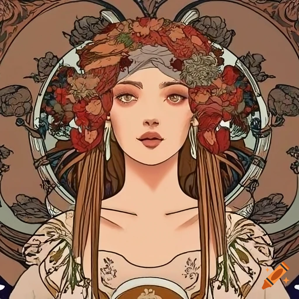 Portrait in the style of Alphonse Mucha on Craiyon