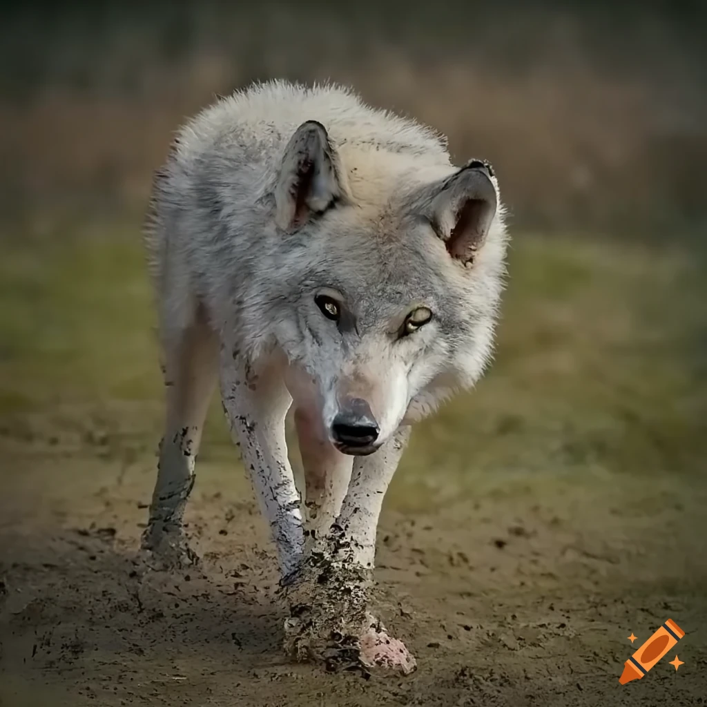 Realistic artwork of a mud-covered white wolf on Craiyon