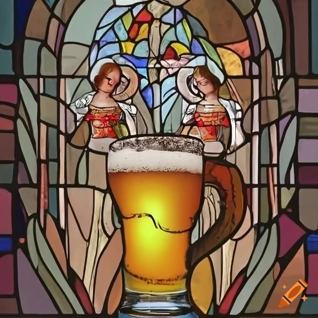 Beer glass in stained glass window with angels and hops on Craiyon