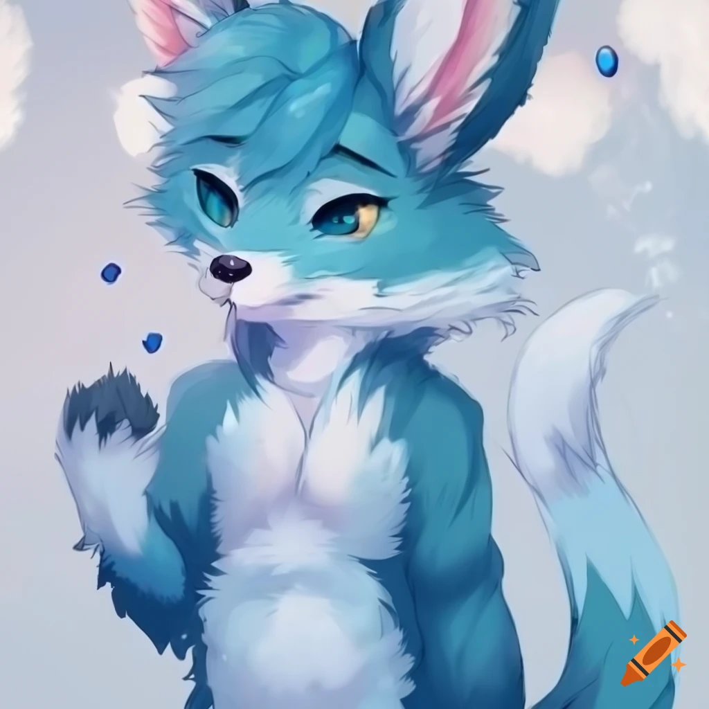 Cute anime-style fox with blue fur and crystal blue ears on Craiyon