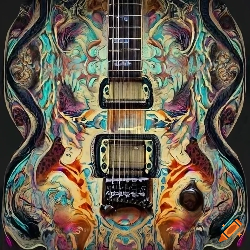 Symmetrical painting of guitars inspired by Alex Grey on Craiyon