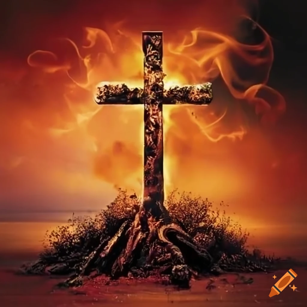 Image of a fiery cross with words of transformation on Craiyon