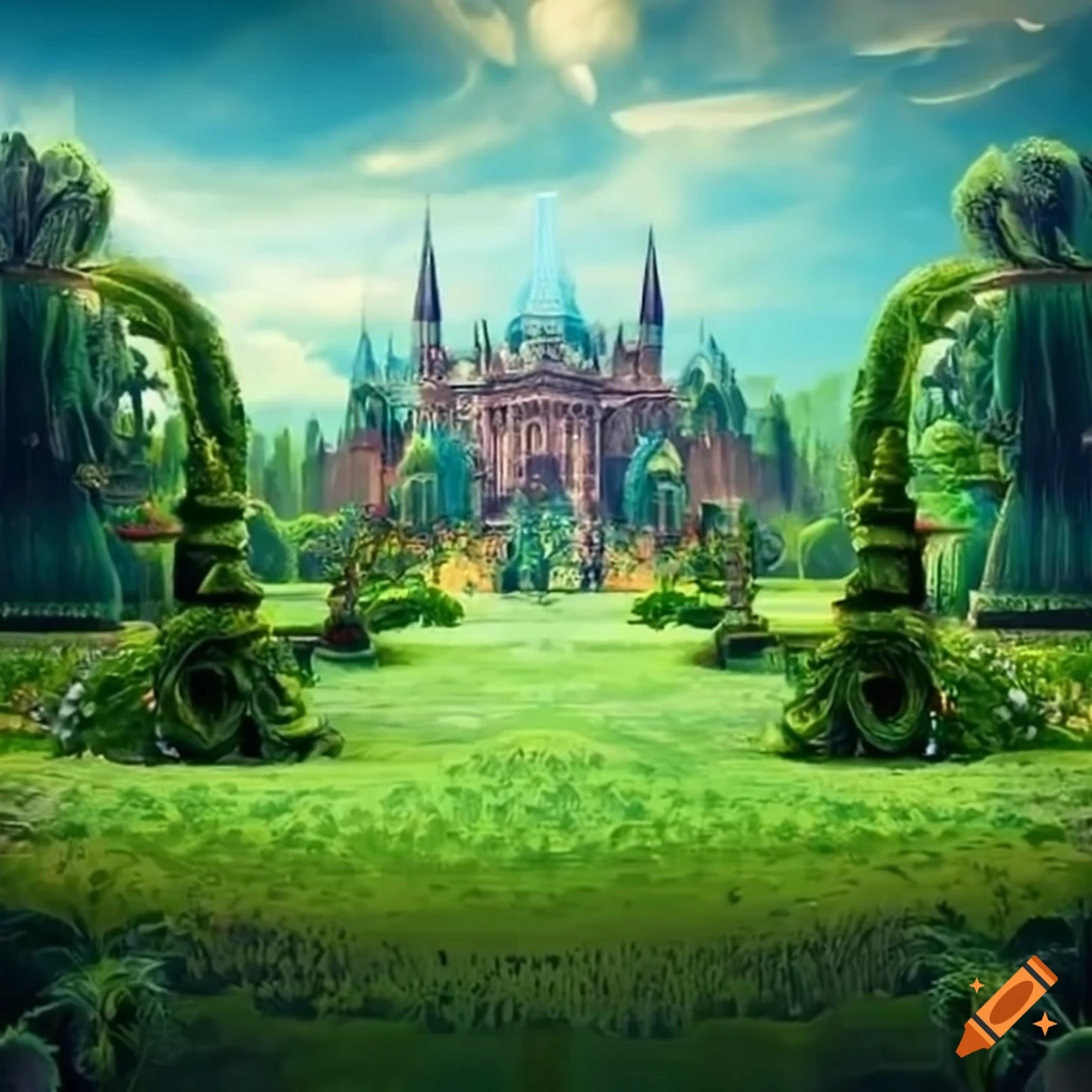 Fantasy palace garden with lush plants on Craiyon