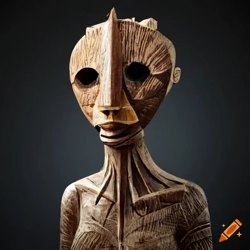 Onibaba wearing a wooden mask playing a biwa instrument with kanji ...