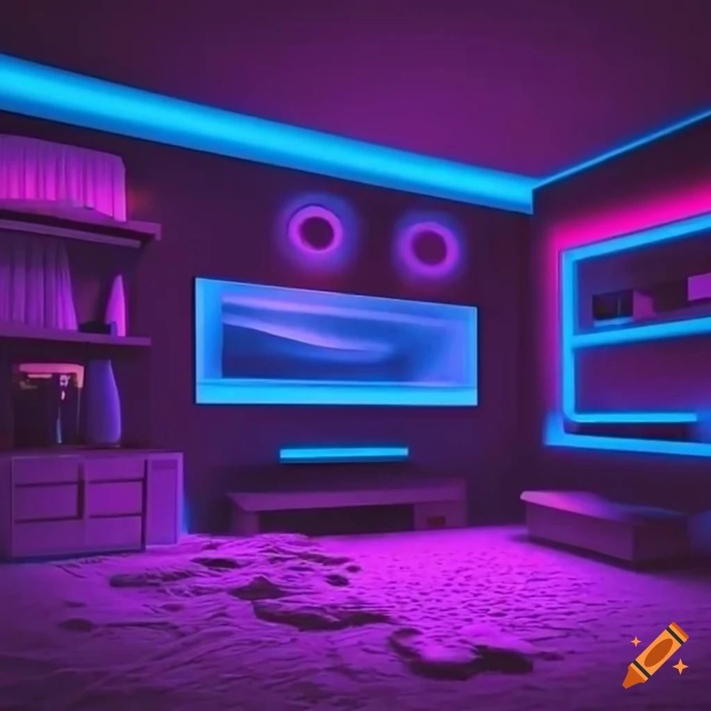 Blue and purple neon lights in a relaxed entertainment room on Craiyon