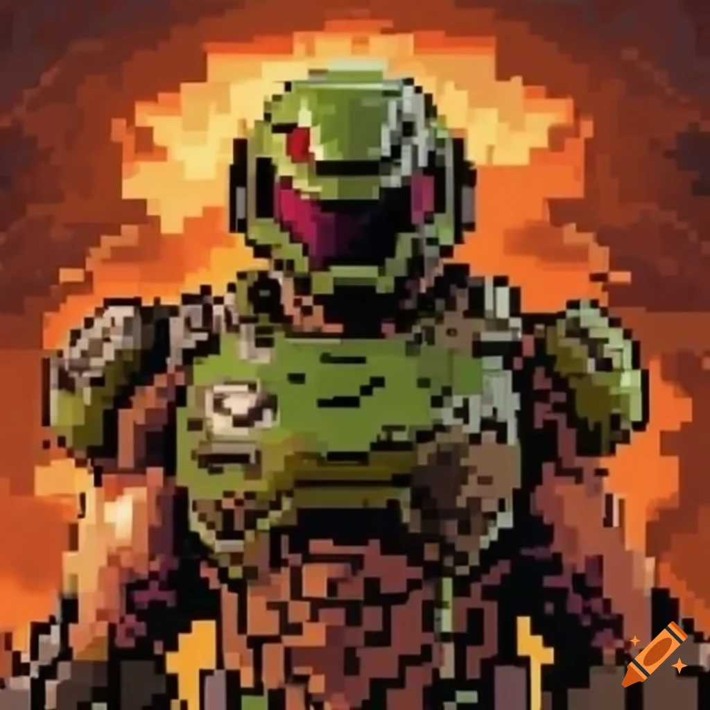 Pixel art frames of the doom slayer in action on Craiyon
