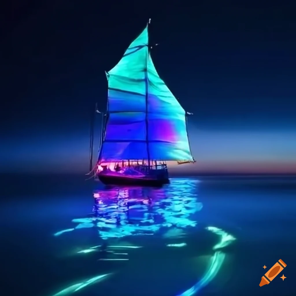 Art of a magical ship with glowing sails at the dock