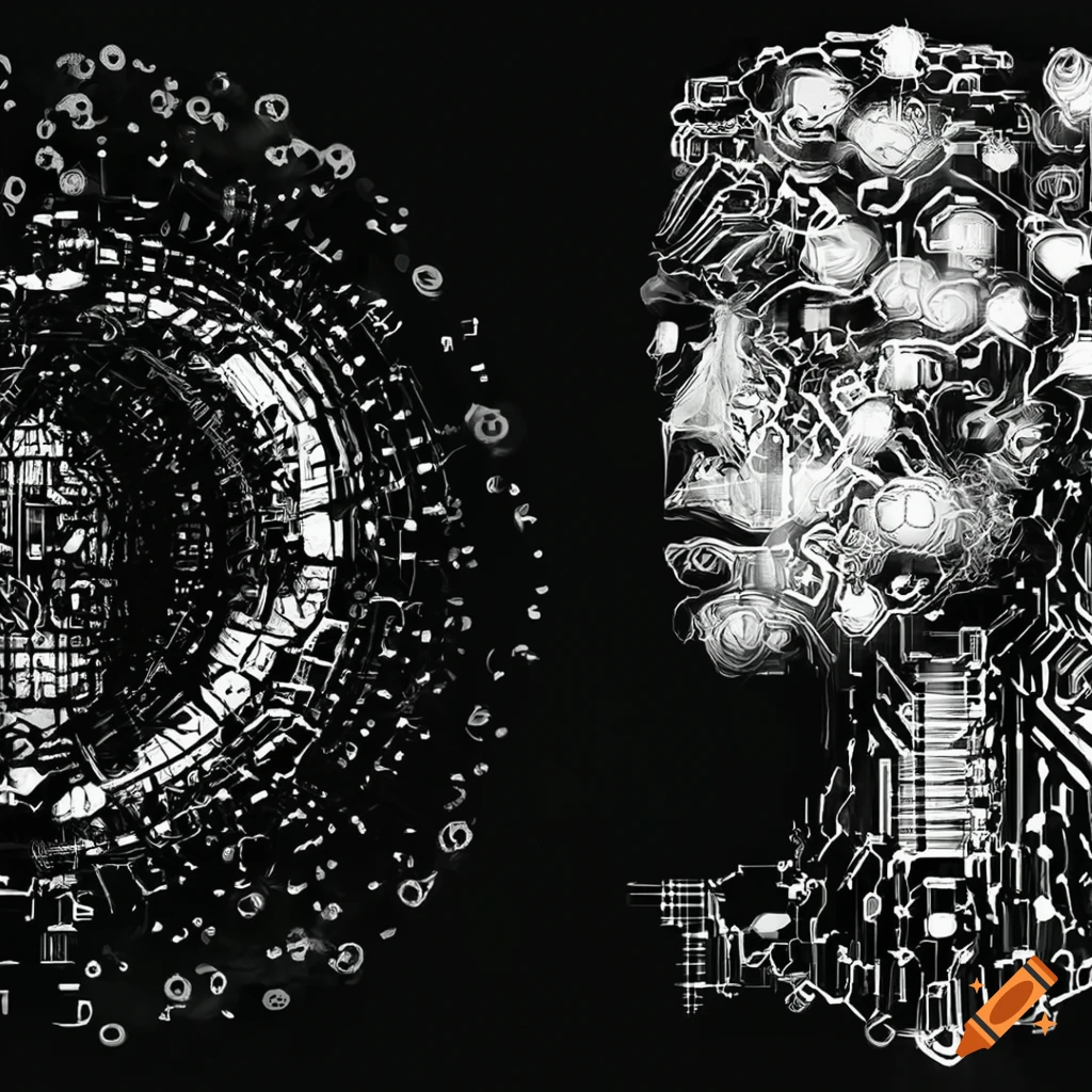 Elegant black and white graphic artwork of artificial intelligence on ...