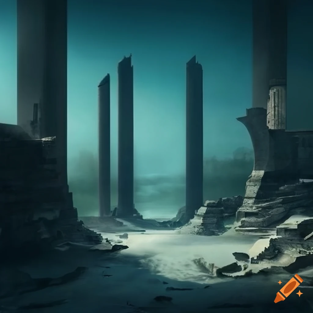 Surreal architectural ruins in a desolate landscape on Craiyon