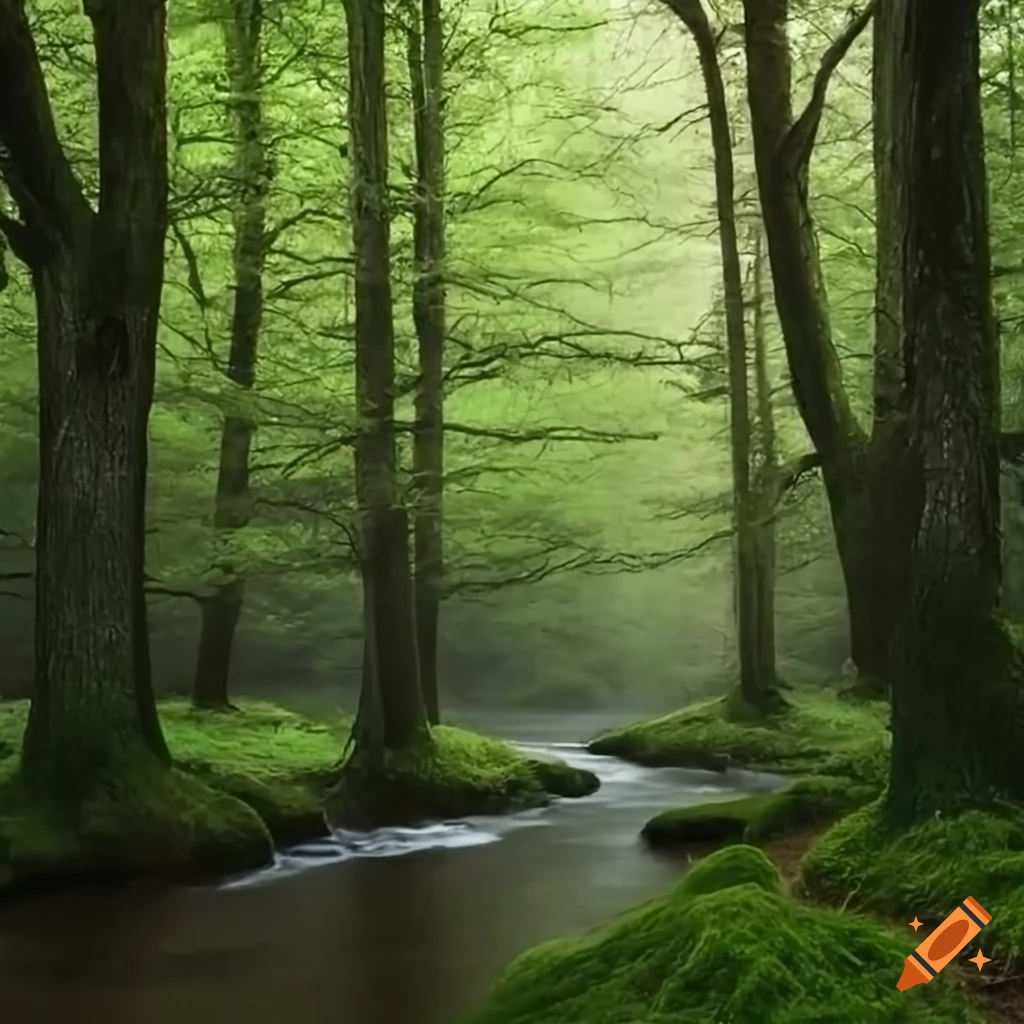 Serene forest with oak trees, deer, and a brook on Craiyon