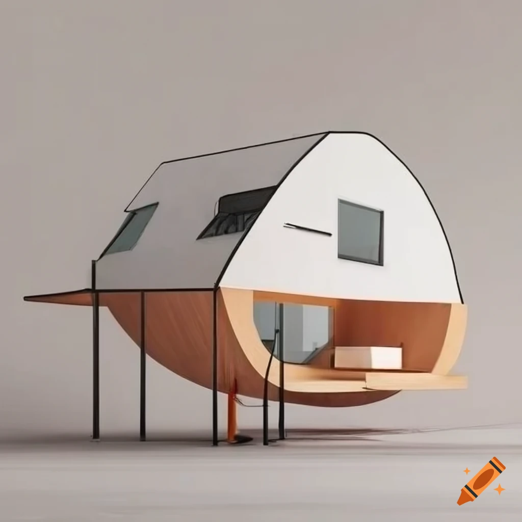 Technical drawing of a minimalist living pod with unique landing stilts ...