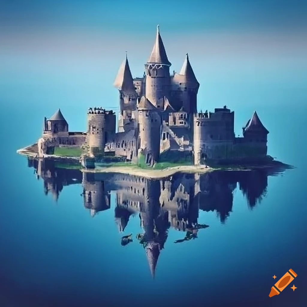Image of a menacing castle floating above a lake on Craiyon