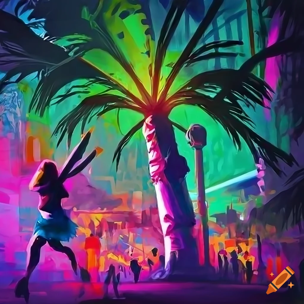 Acrylic painting of people fighting over a palm tree on Craiyon