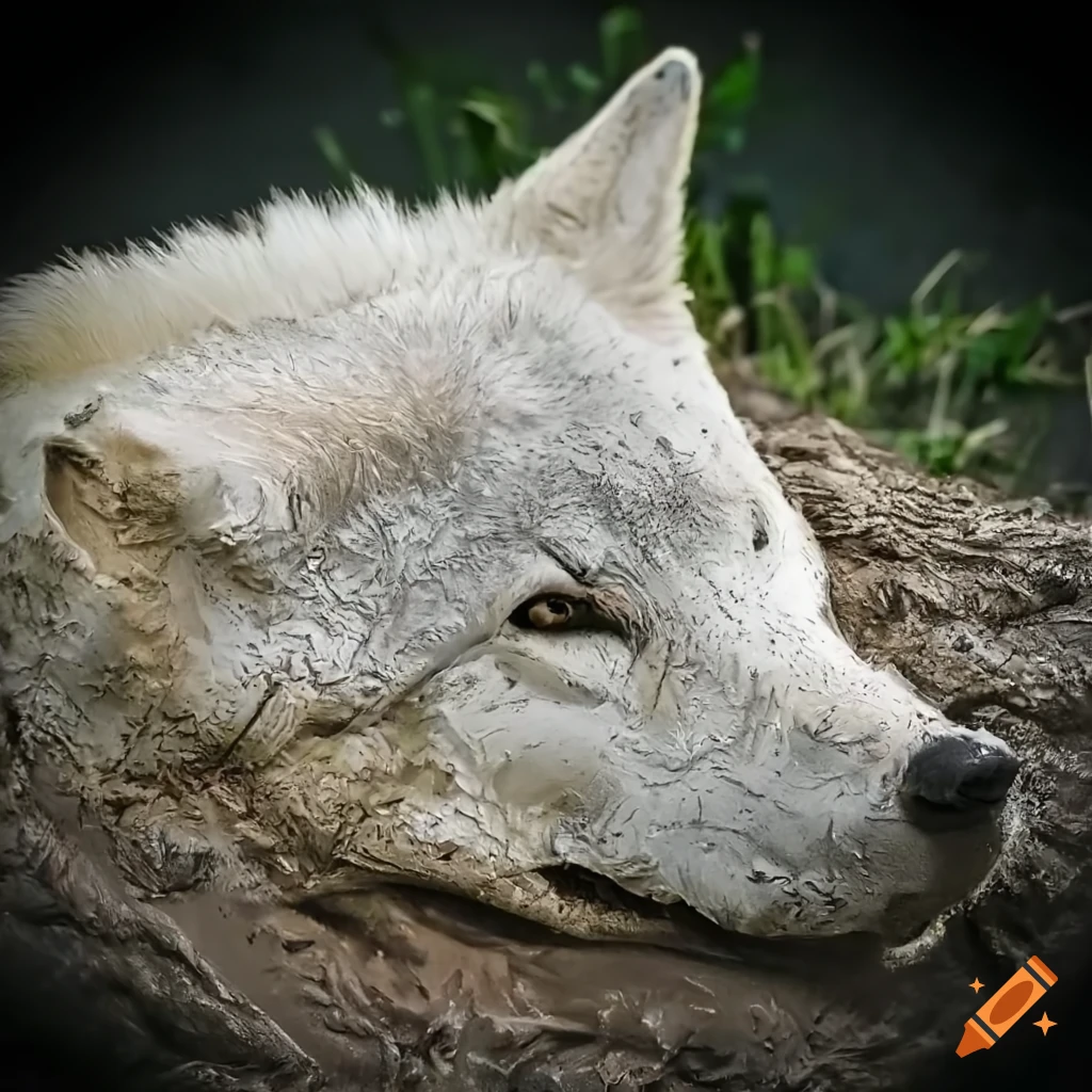 Realistic artwork of a mud-covered white wolf