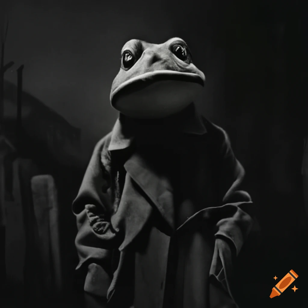 Cinematic image of a frog in a trenchcoat on Craiyon