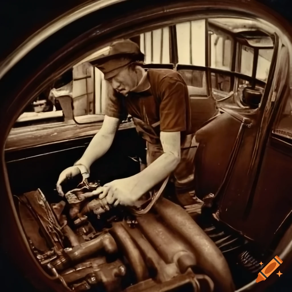 1920s auto mechanic replacing an engine in a repair shop on Craiyon