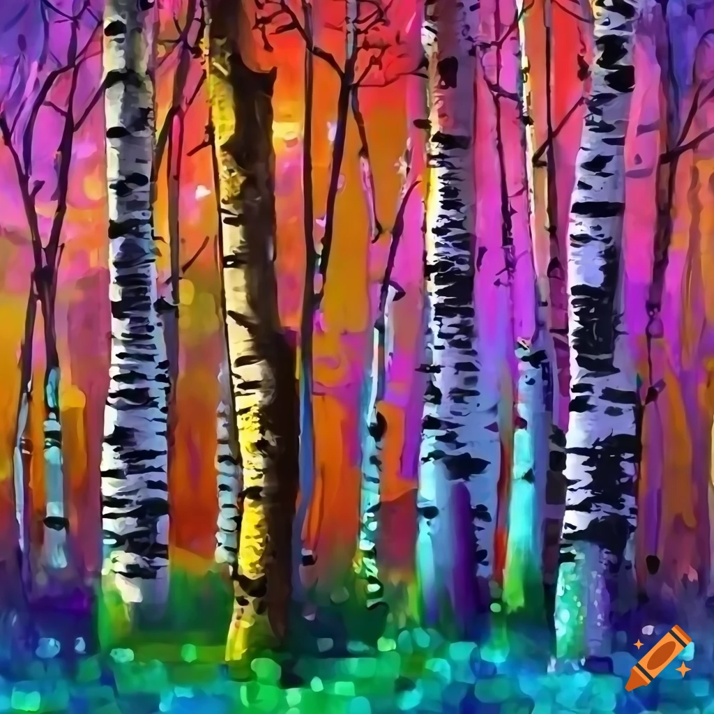 Colorful acrylic painting of birch trees in a forest on Craiyon