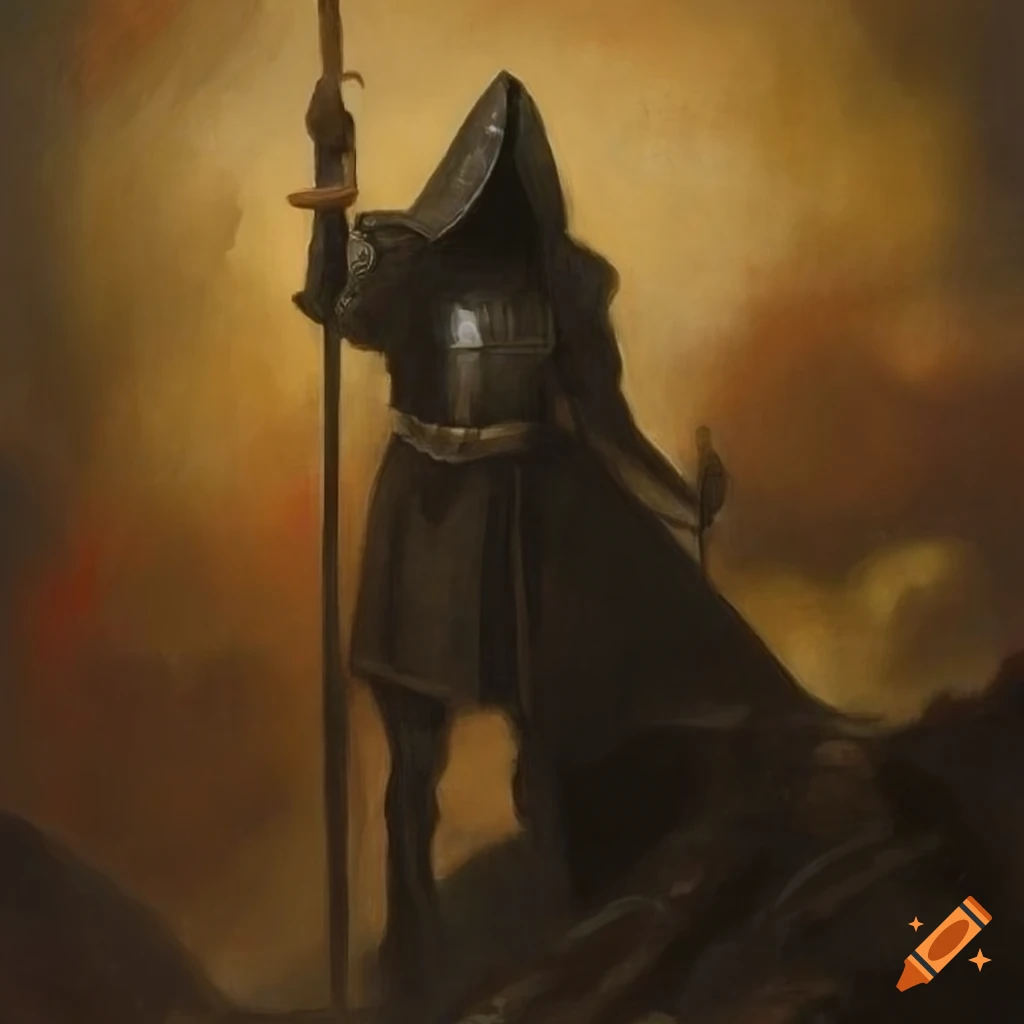 Fantasy illustration of a hooded knight in the mountains on Craiyon